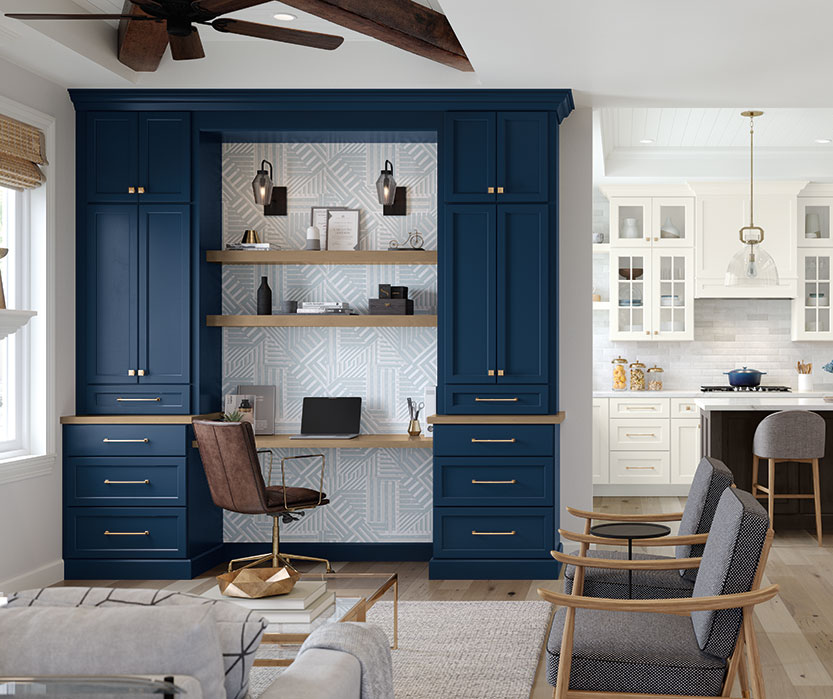 Home Office with Built-In Blue Desk Cabinets - MasterBrand